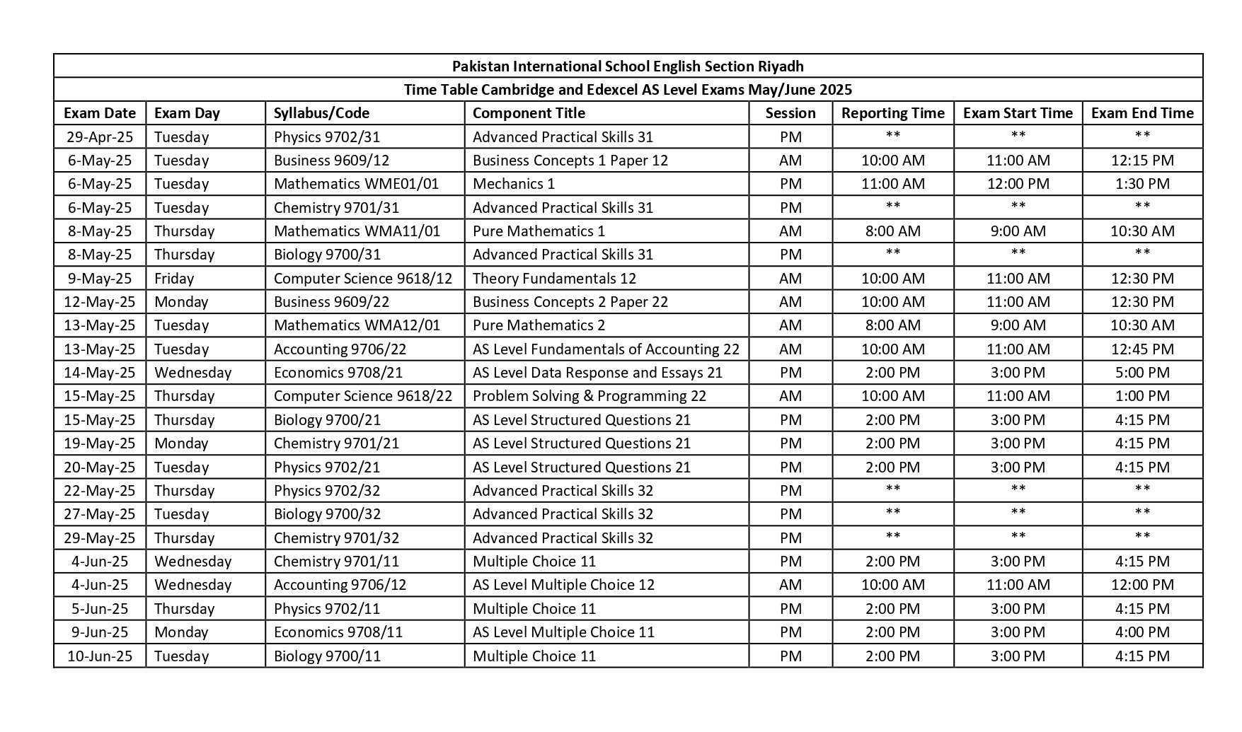 Pakistan International School English Section (PISES), Riyadh