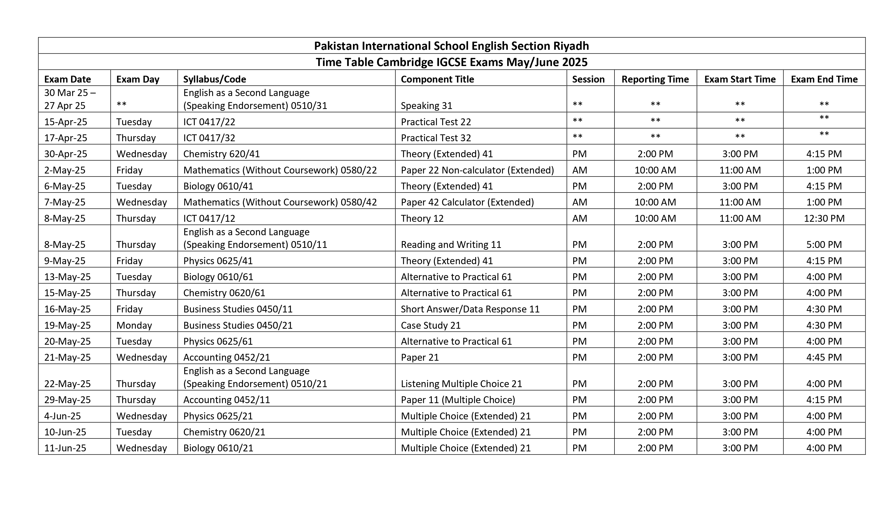 Pakistan International School English Section (PISES), Riyadh